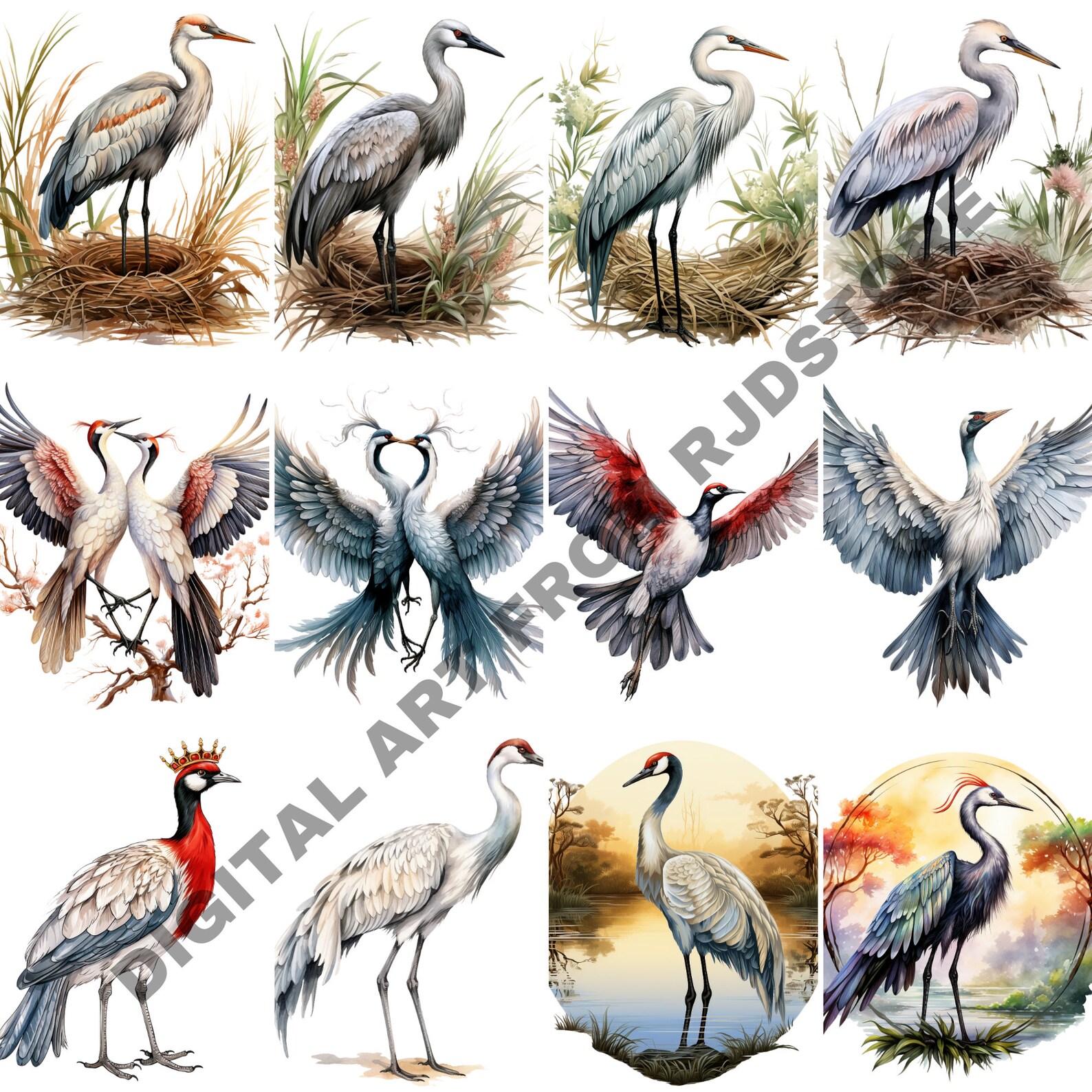 Watercolor Crane Clipart Bundle: Transparent PNG Images (commercial Use ...