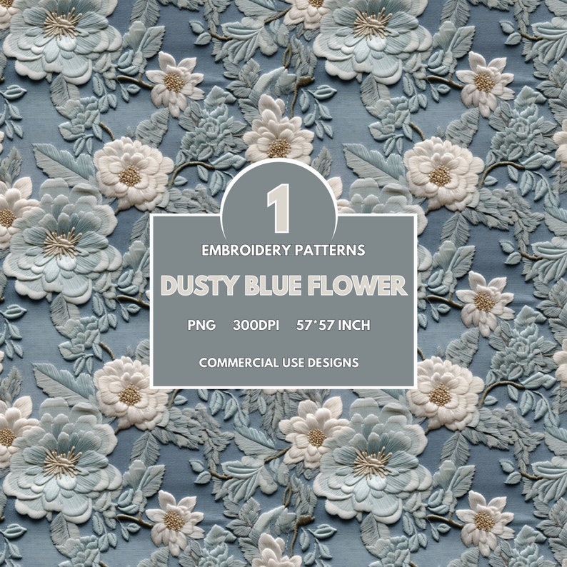 Dusty Blue Elegant Flower Embroidery File, Embroidery Seamless Pattern ...