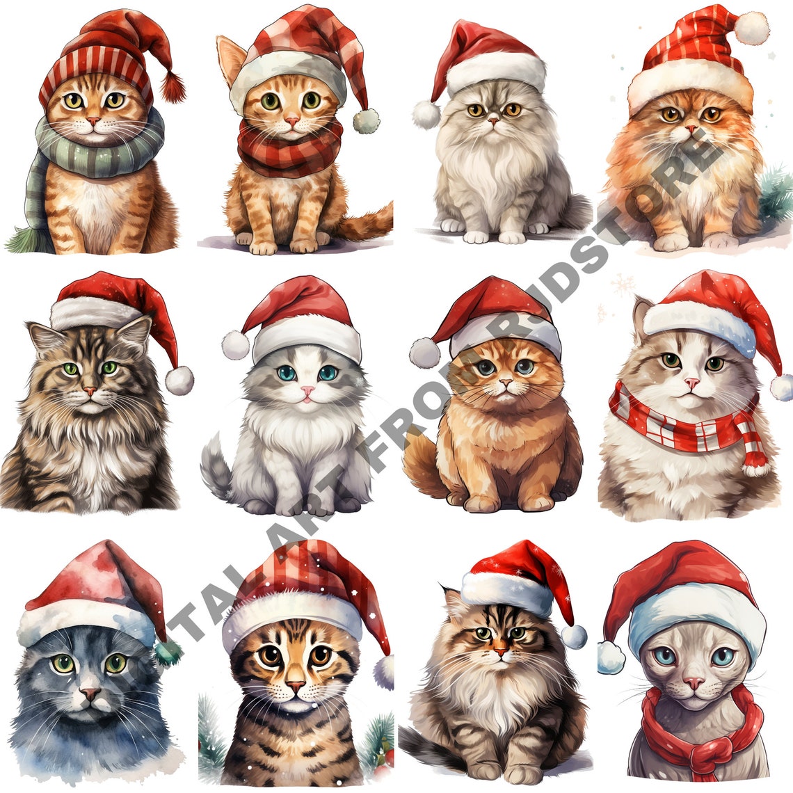 50 Watercolor Cat Christmas PNG Clipart Bundle - Etsy
