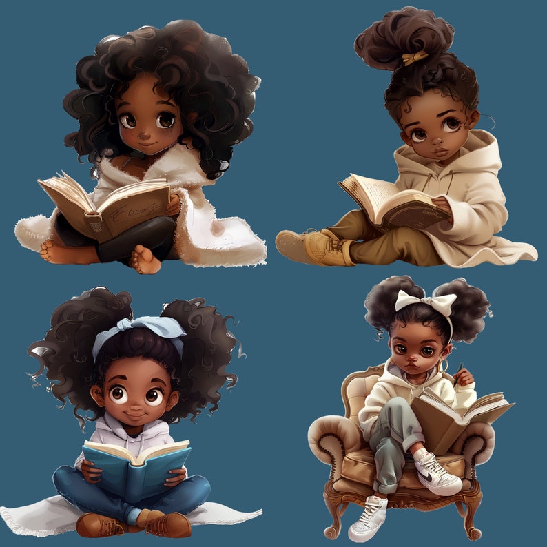 Black Girl Studying Clipart: Watercolor Kids PNG Bundle (digital ...