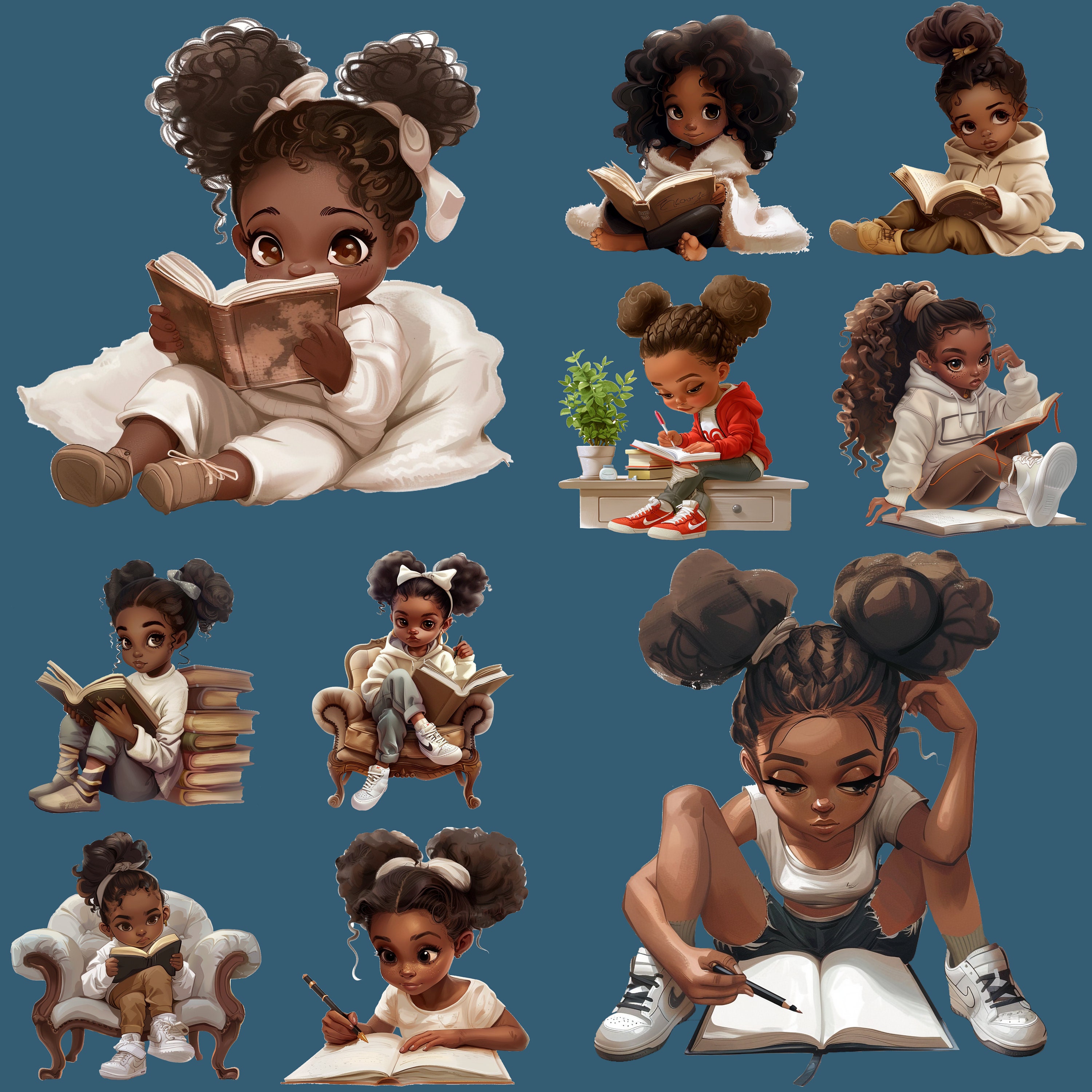 Black Girl Studying Clipart: Watercolor Kids PNG Bundle (digital ...