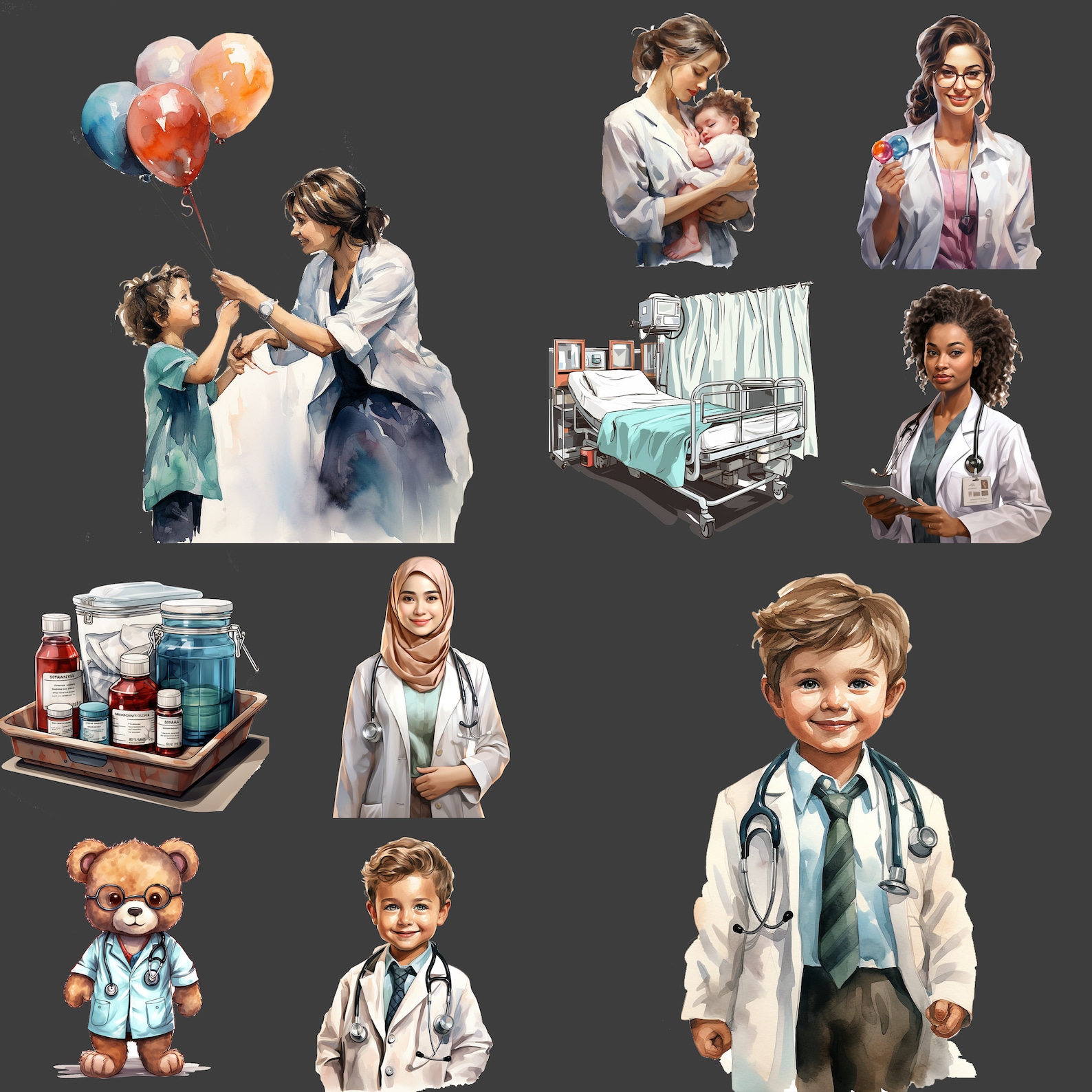 75 Watercolor Doctor Cliparts | Hospital | Female Doctors | Equipment ...