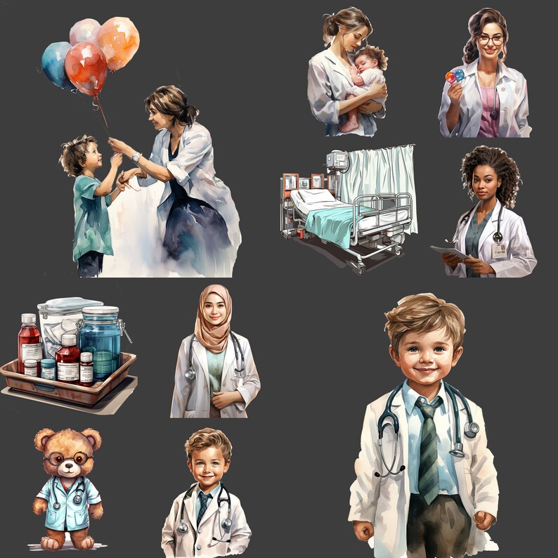 75 Watercolor Doctor Cliparts | Hospital | Female Doctors | Equipment ...