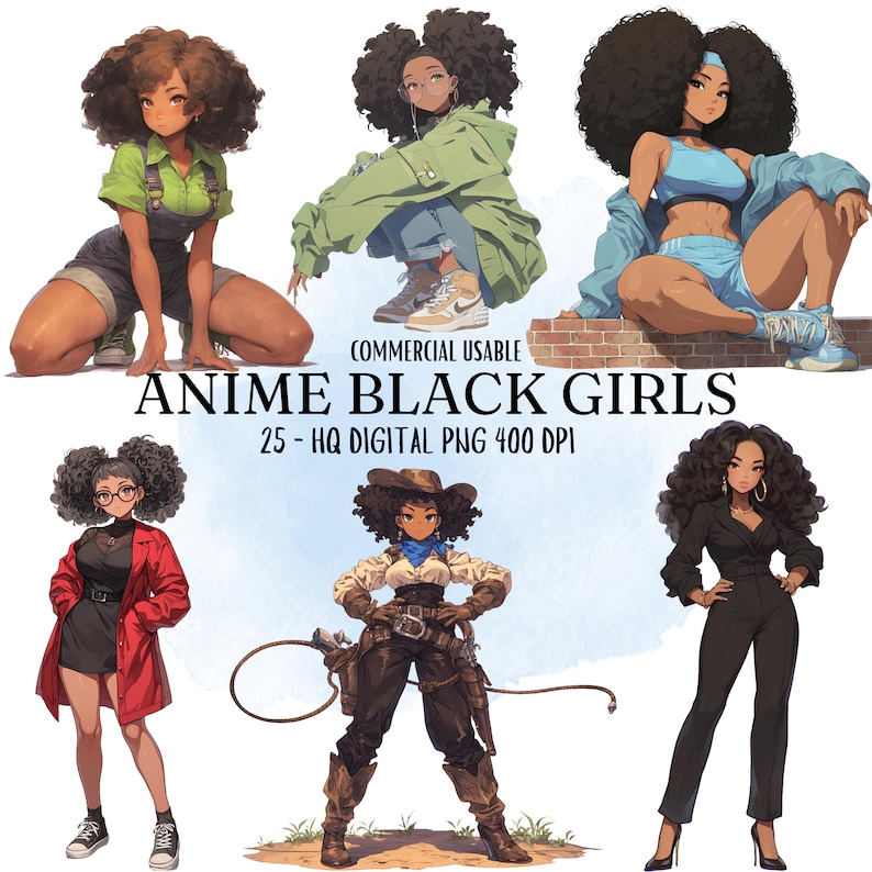 Anime Black Girls Clipart Bundle: Melanin Girls PNG (digital Download ...