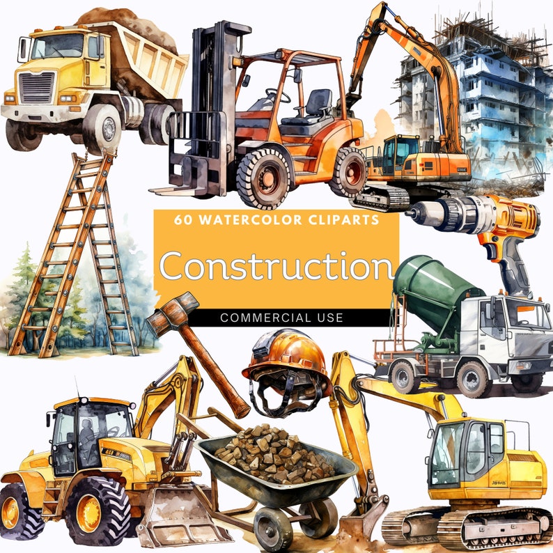 60 Construction Png, Truck, Vehicle, Kids, Watercolor Clipart Bundle ...