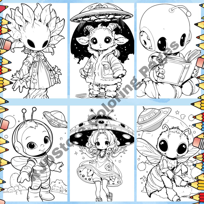 Cute Alien Coloring Pages, Fun Coloring Book, PDF & PNG, Digital ...