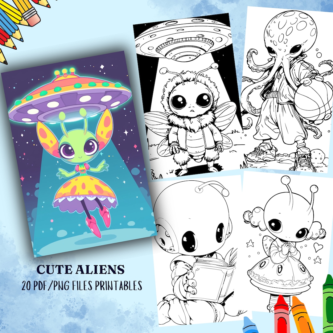 Cute Alien Coloring Pages, Fun Coloring Book, PDF & PNG, Digital ...