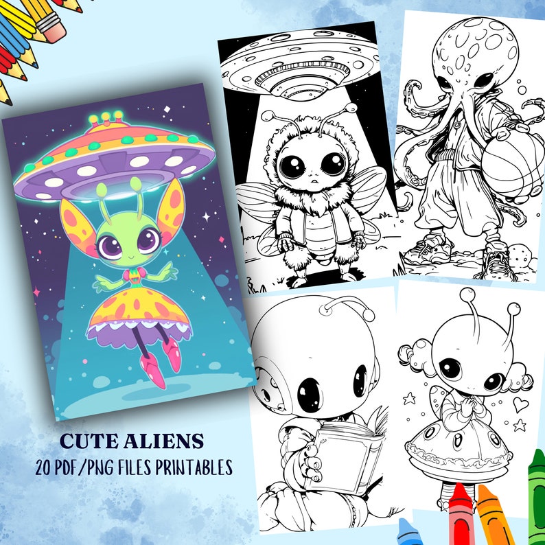 Cute Alien Coloring Pages, Fun Coloring Book, PDF & PNG, Digital ...