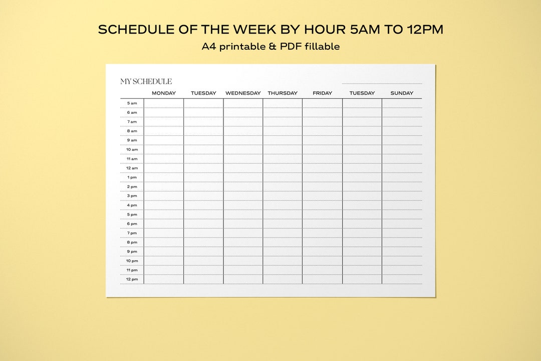 My Hourly Schedule for the Week, Fillable and Printable Pdf A4 - Etsy
