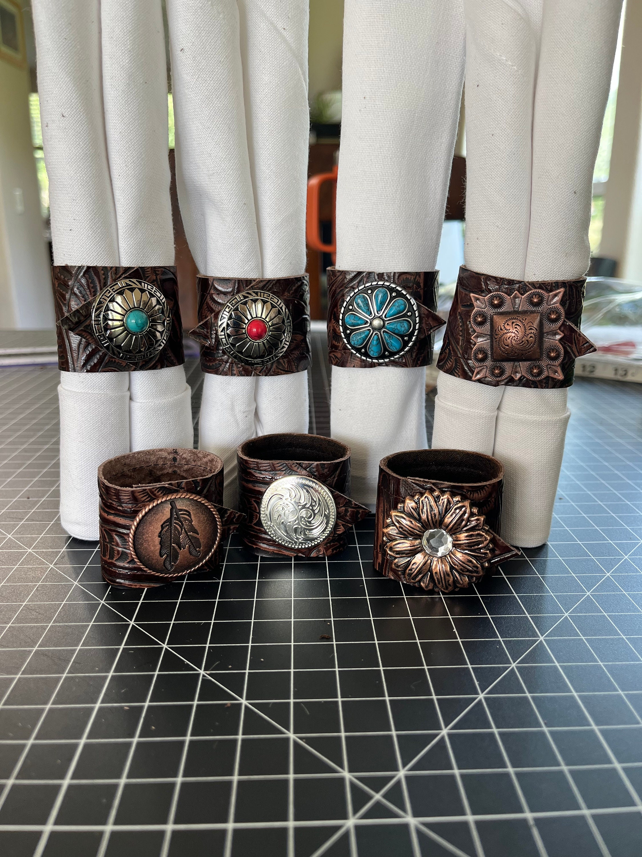 Dallas Tooled Leather Napkin Rings - Color Conchos - Etsy