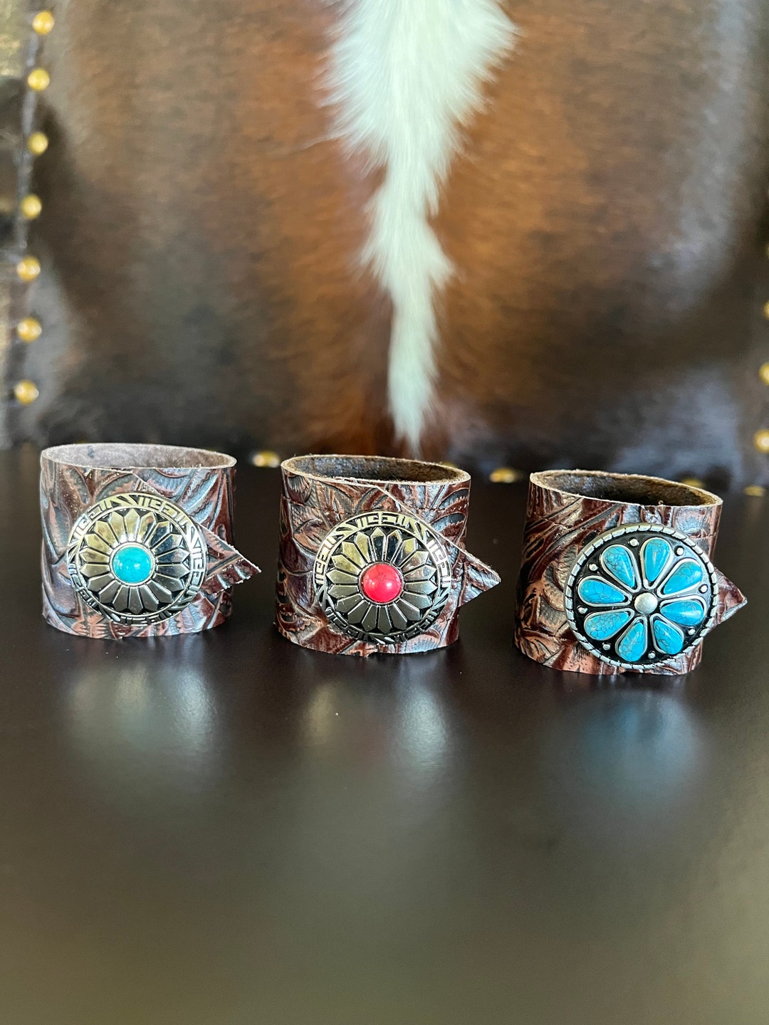 Dallas Tooled Leather Napkin Rings - Color Conchos - Etsy