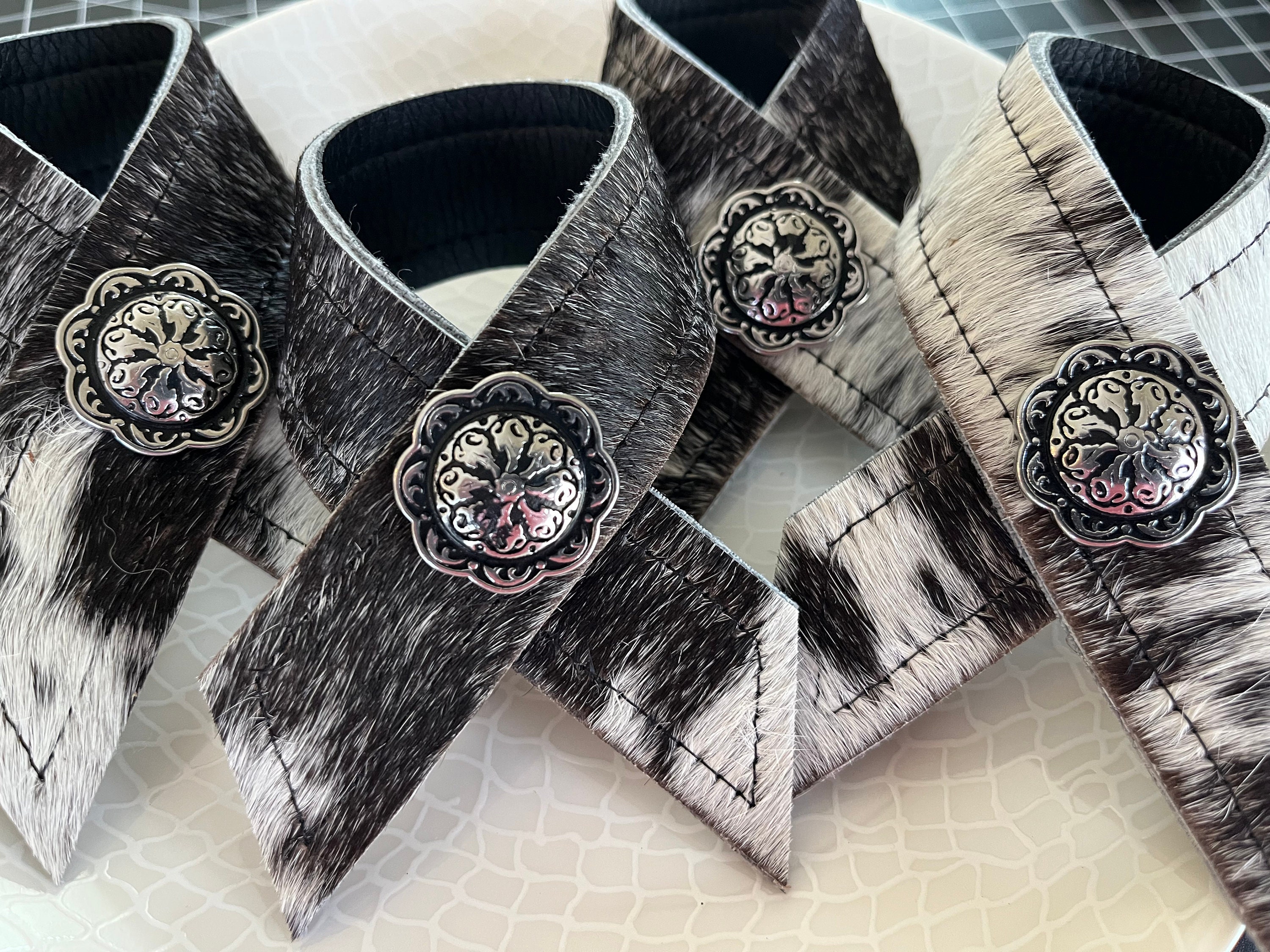 Black White Cowhide & Conchos Napkin Rings - Etsy