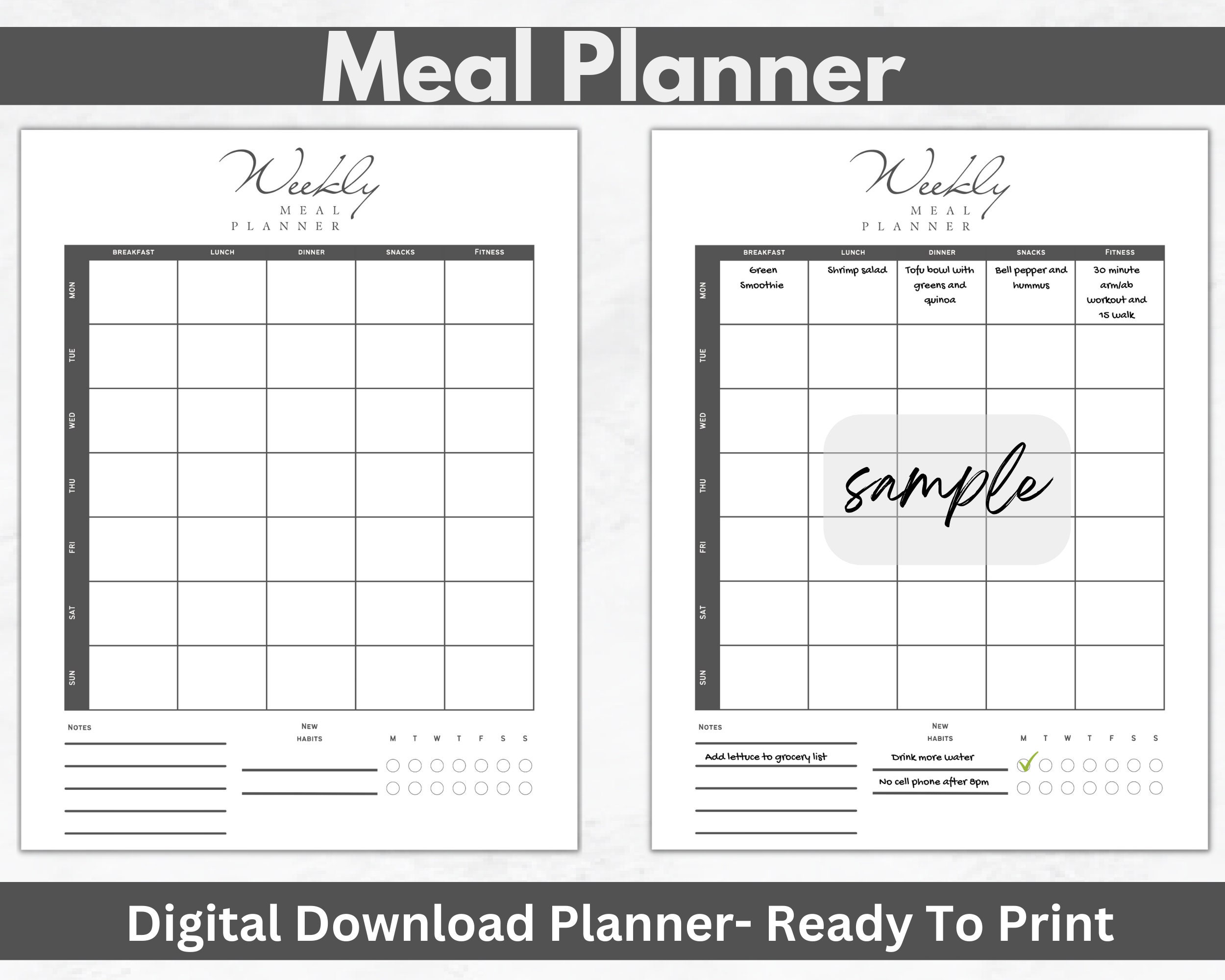 Meal Planner Printable Weekly Food Diary Meal Tracker Menu Plan & Prep ...