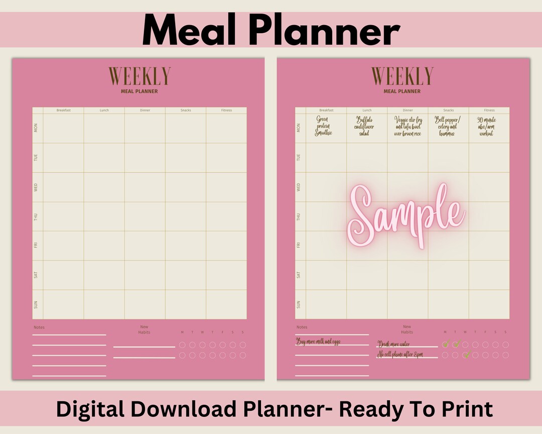 Pink Meal Planner Printable Weekly Food Diary Meal Tracker Menu Plan ...