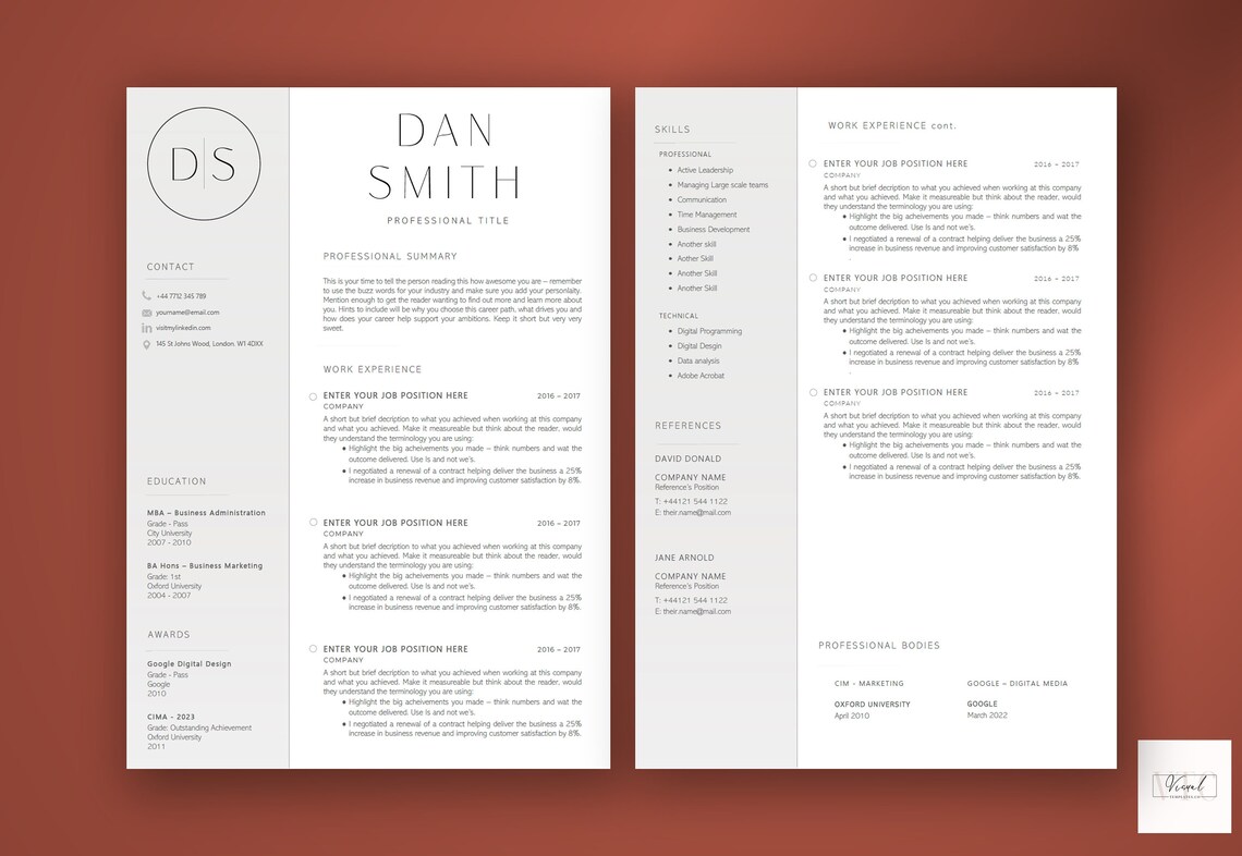 CV Resume Template, Single Page, 2 Pages and Cover Letter ATS Friendly ...