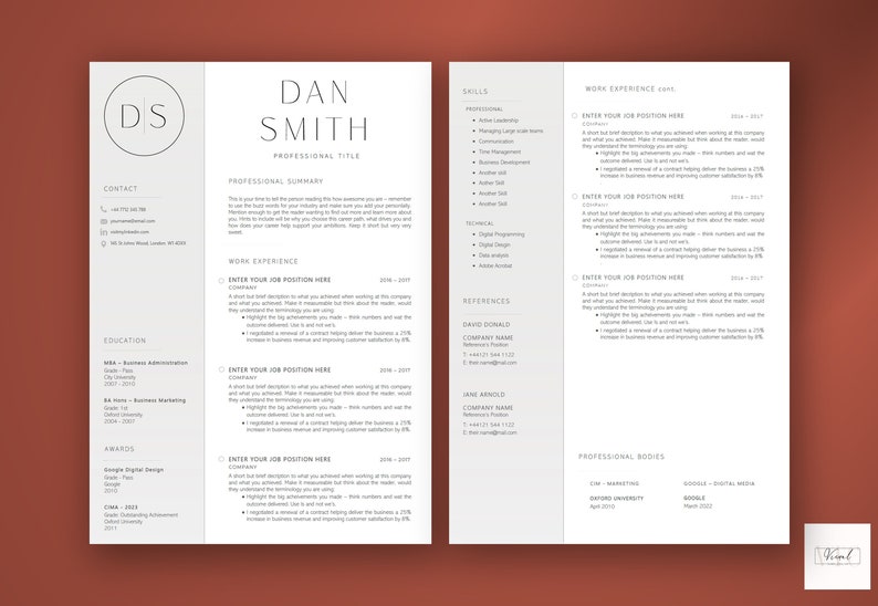 CV Resume Template, Single Page, 2 Pages and Cover Letter ATS Friendly ...
