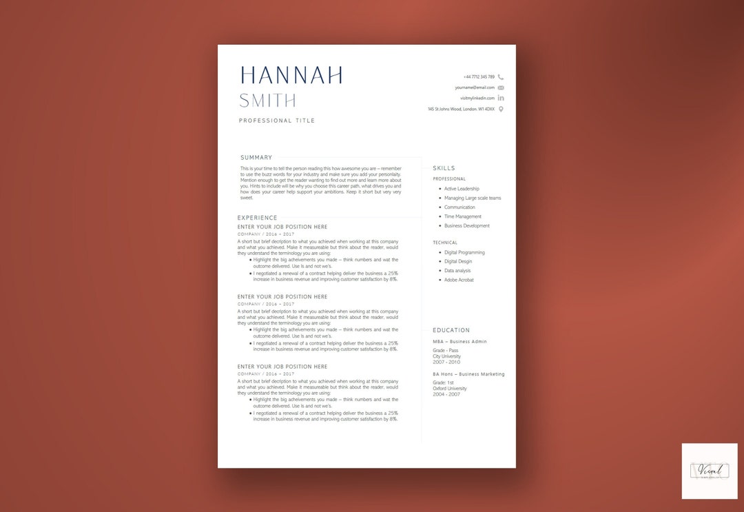 CV Resume Template, Single Page, 2 Pages and Cover Letter ATS Friendly ...