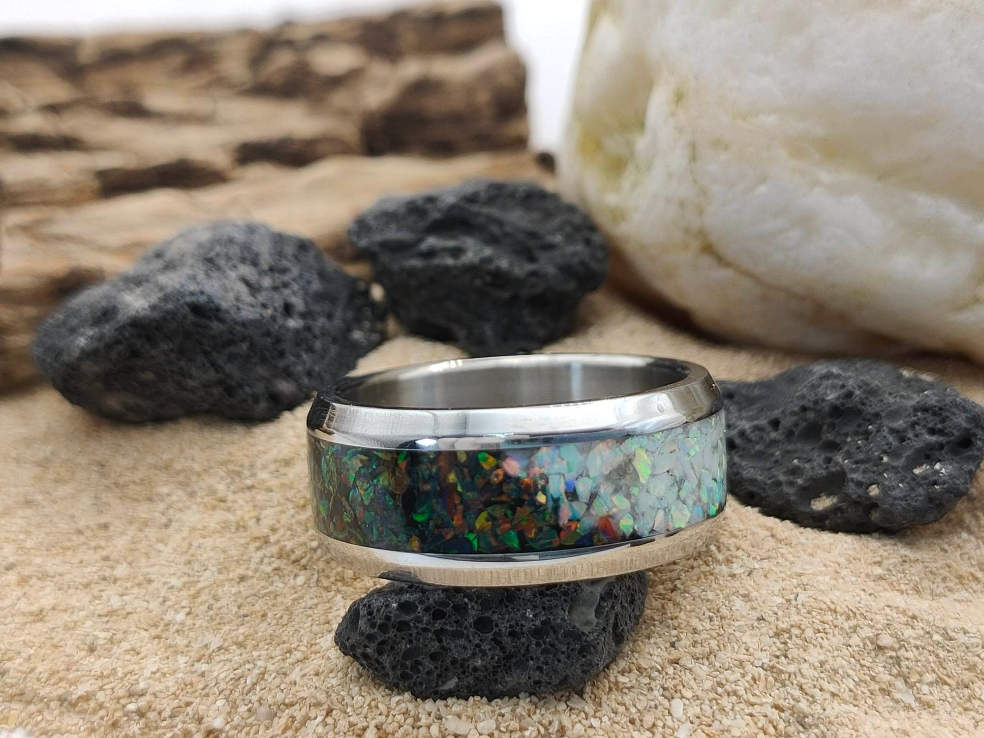 Fire and Ice Fantasy Ring, Crushed Black Flame Opal, Sleepy Fire Opal ...