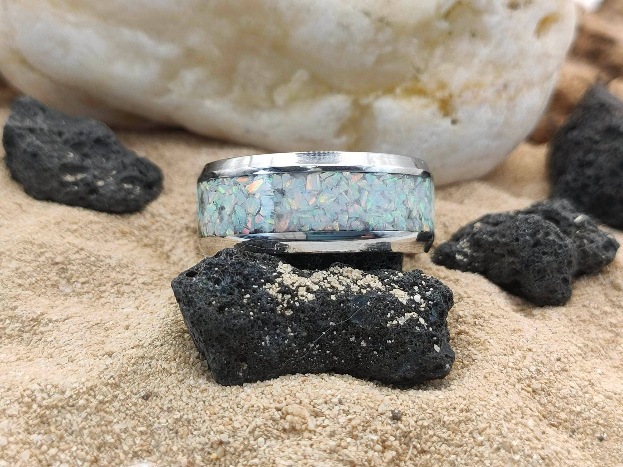 Fire and Ice Fantasy Ring, Crushed Black Flame Opal, Sleepy Fire Opal ...