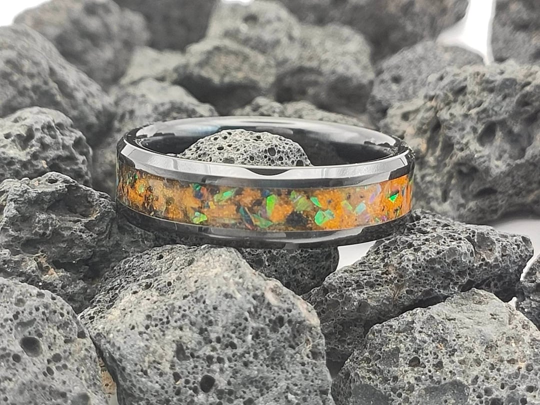 Volcano Ring, Black Ceramic Ring, Crushed Black Flame, Sleepy Fire Opal ...