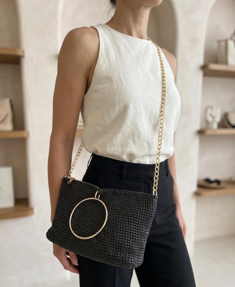 Dark Gray Paper Straw Shoulder Bag, Crochet Slouchy Tote - Etsy