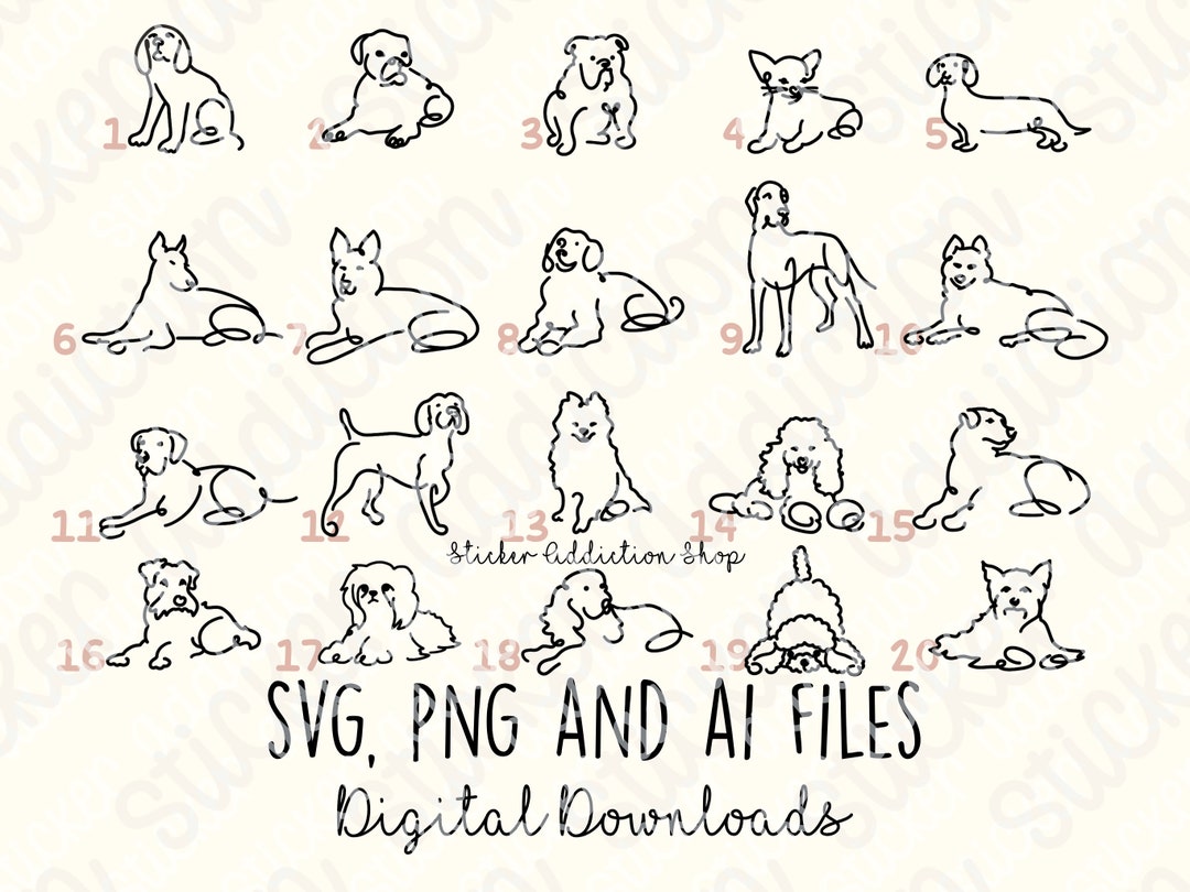20 Dogs Line Art | SVG Bundle, PNG, Ai Cut Files | Hand Drawn | Cricut ...