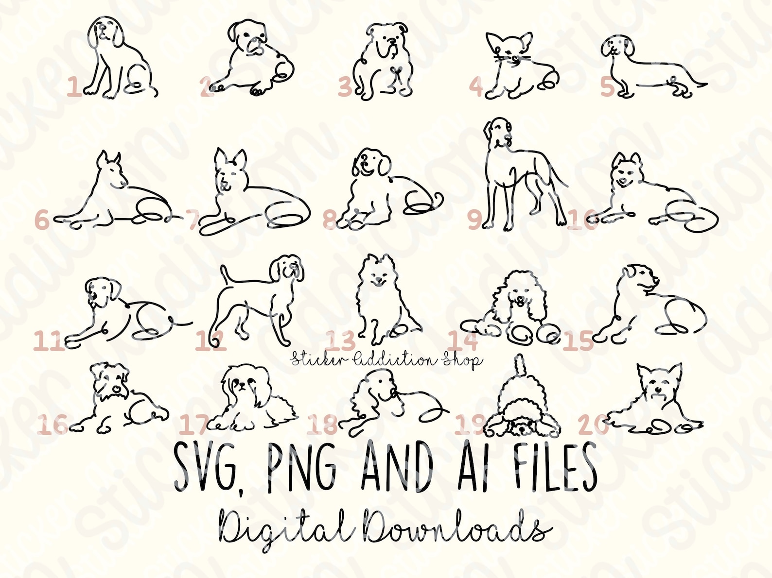 20 Dogs Line Art | SVG Bundle, PNG, Ai Cut Files | Hand Drawn | Cricut ...
