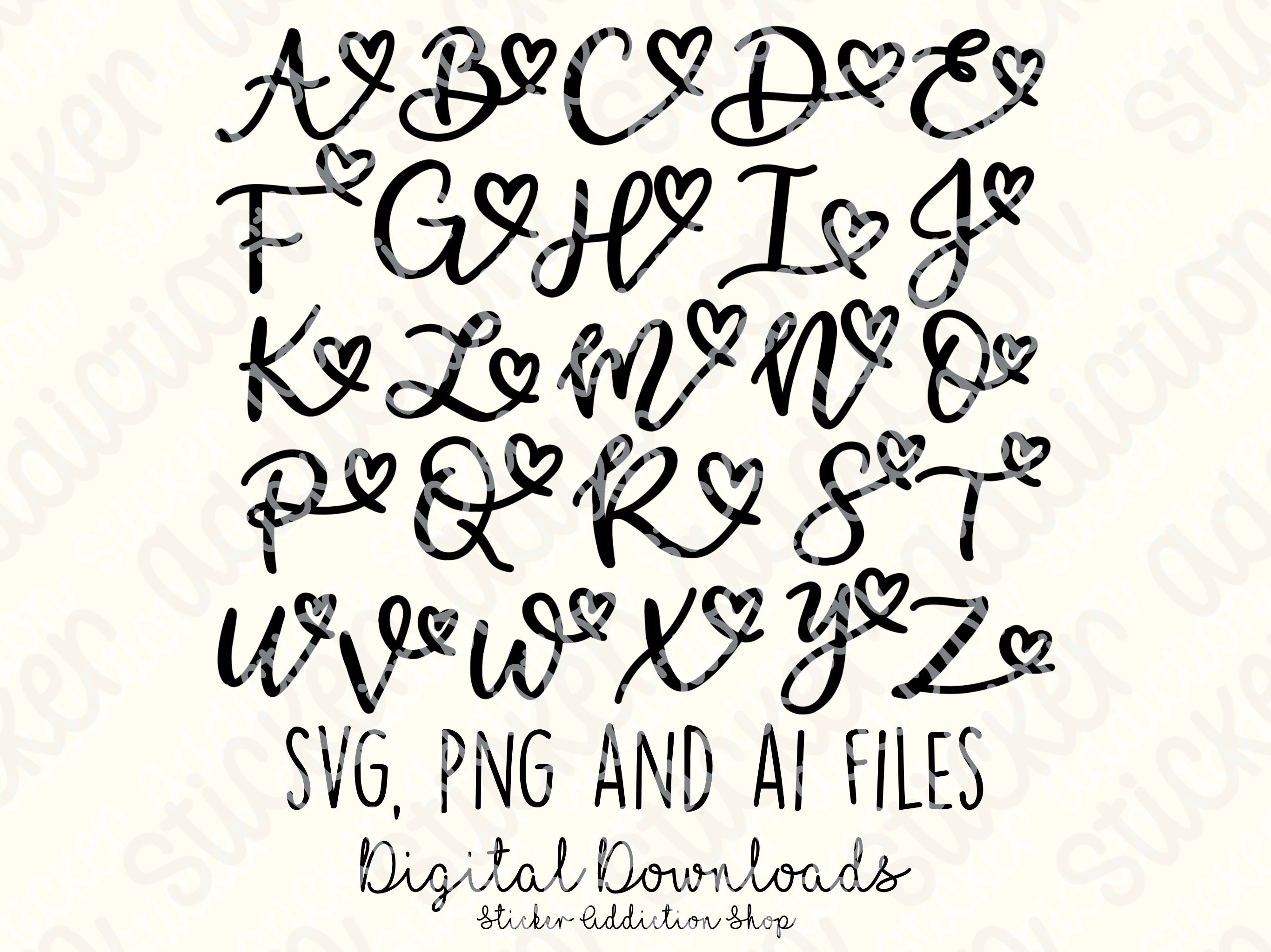 Alphabet With Hearts | SVG Bundle, PNG, Ai Cut Files | Hand Drawn ...