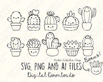 Cute Kawaii Cacti and Succulents Icons | SVG, PNG and Ai Cut Files ...