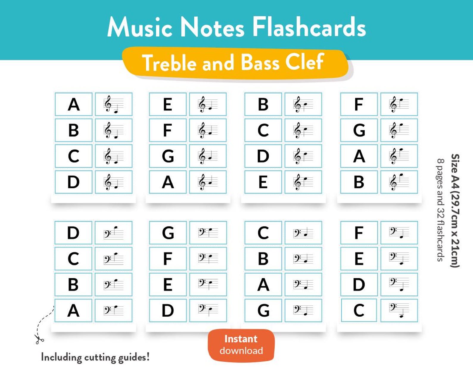 Printable Music Flash Cards, Treble Clef and Bass Clef, Music Flash ...
