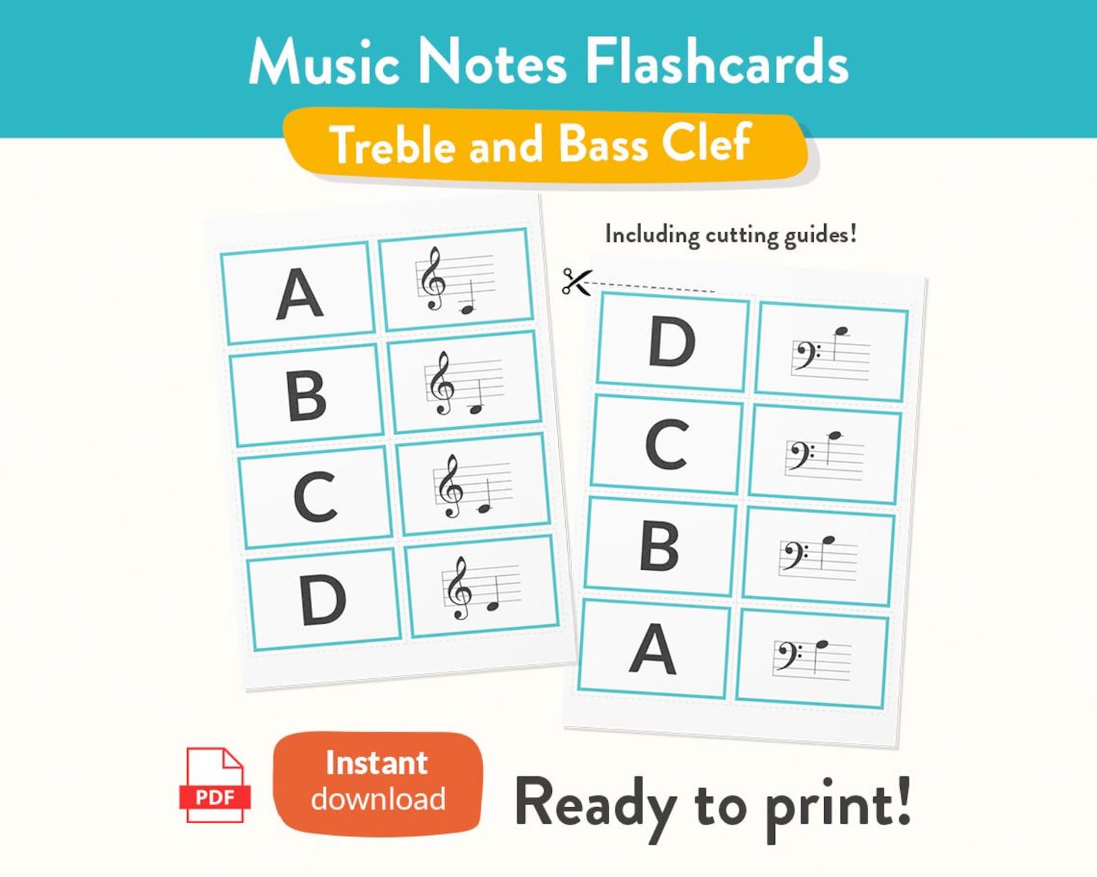 Printable Music Flash Cards, Treble Clef and Bass Clef, Music Flash ...