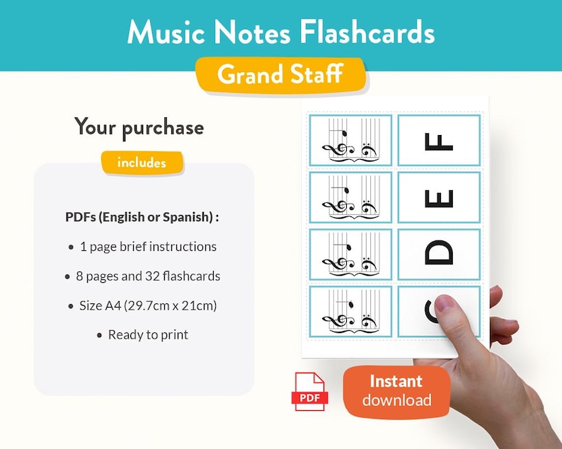 Piano Note Flashcards Printable Music Flash Cards PDF , Grand Staff ...