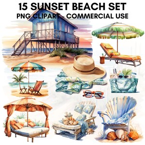 Sunset Beach Set Watercolor Clipart, Beach Clipart, Beach Bag, Beach ...