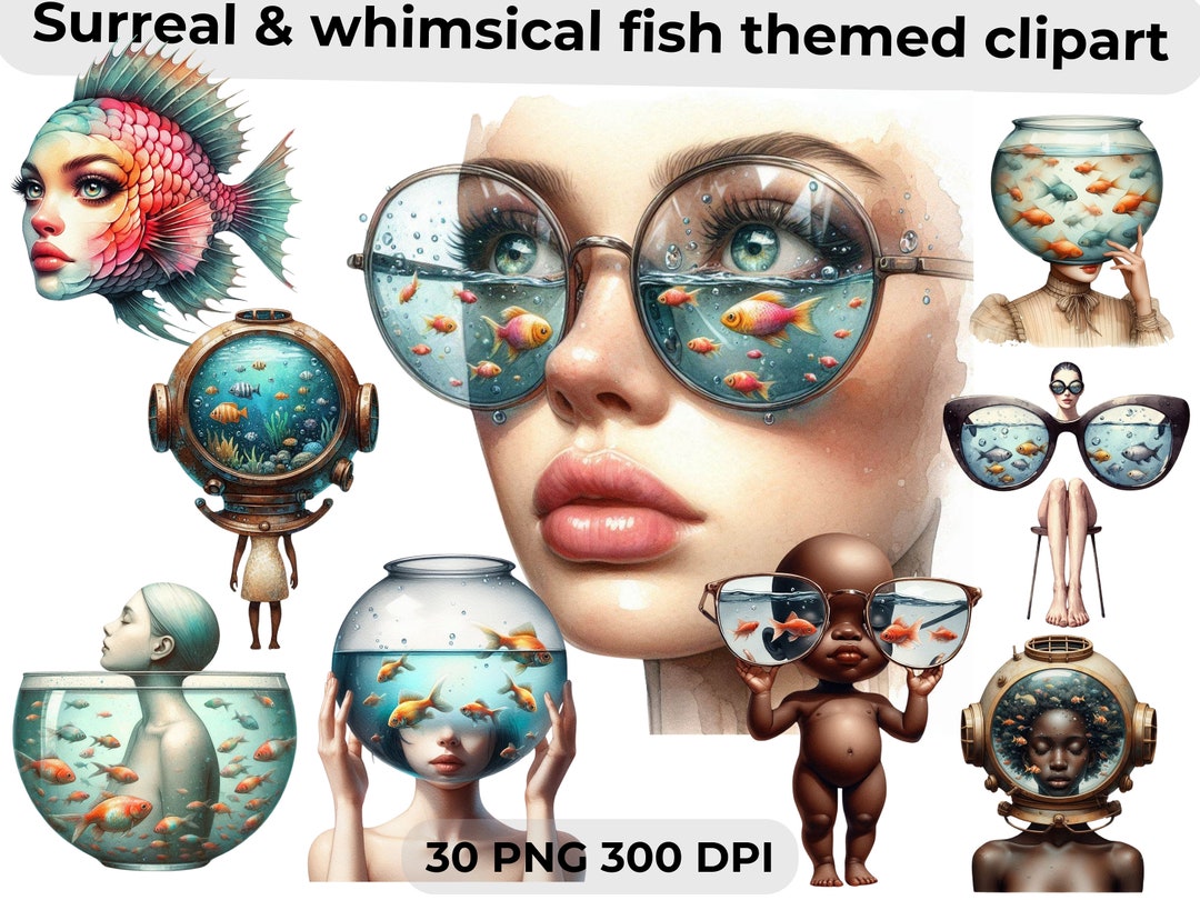 Quirky Surreal & Whimsical Fish Themed Clipart: Artistic Whimsy Fish ...