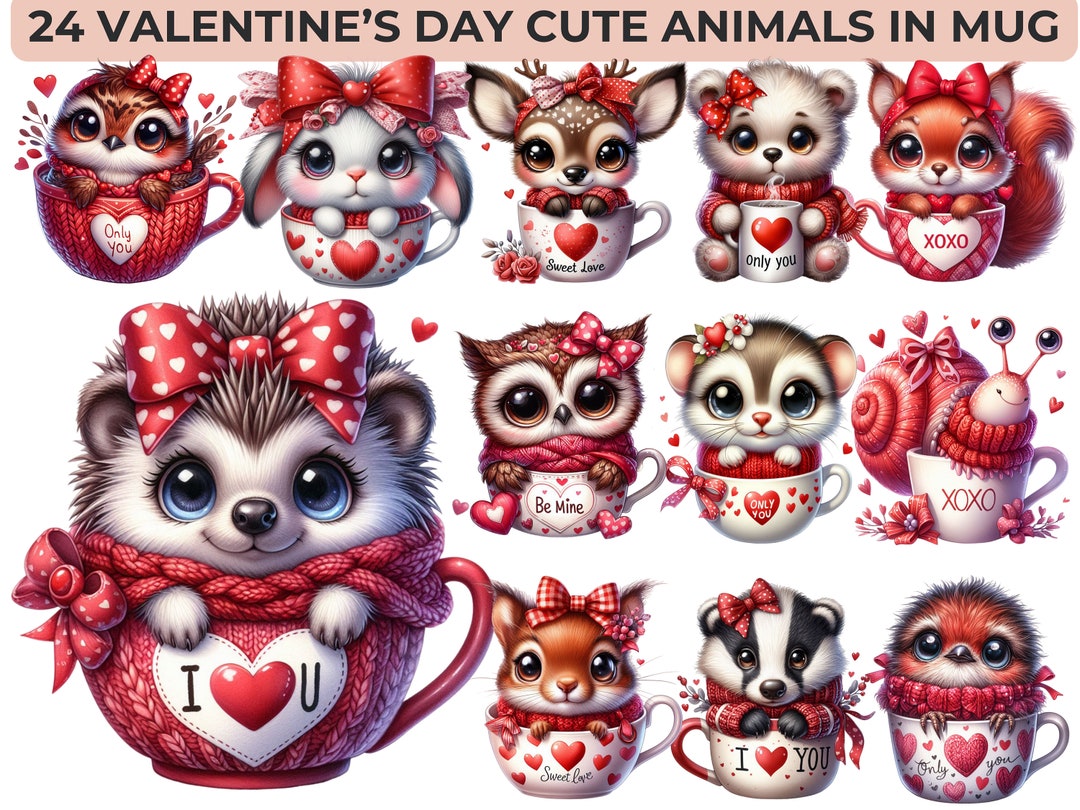 Adorable Valentines Day Cute Animals in Mug Clipart, 24 High Quality ...