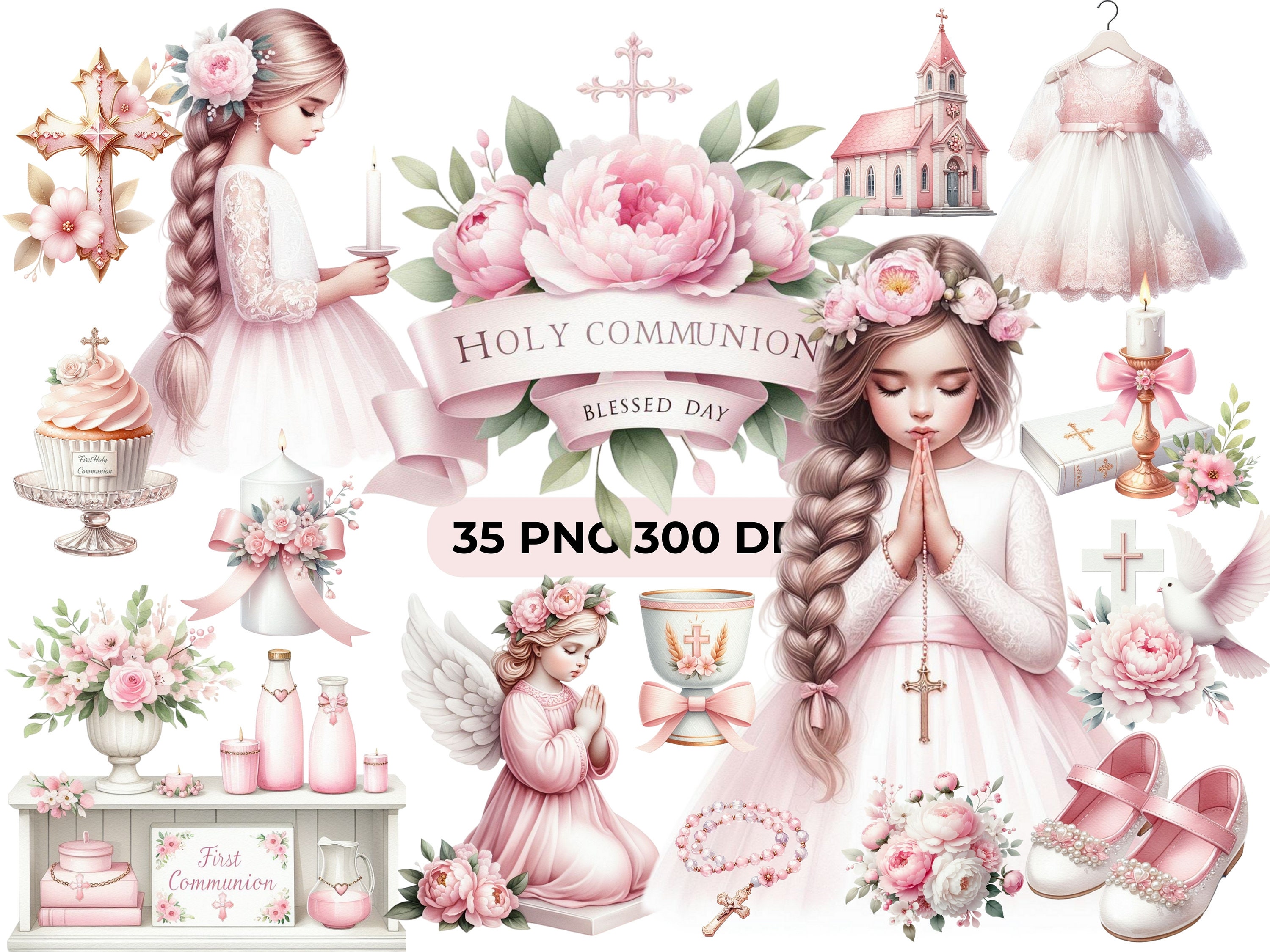 Pink Girl Communion Clipart Bundle | 35 First Holy Communion PNG Files ...