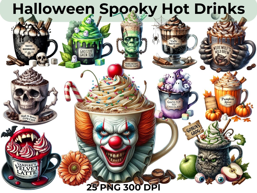 Halloween Hot Drinks Watercolor Clipart Bundle, 25 PNG Spooky Images ...