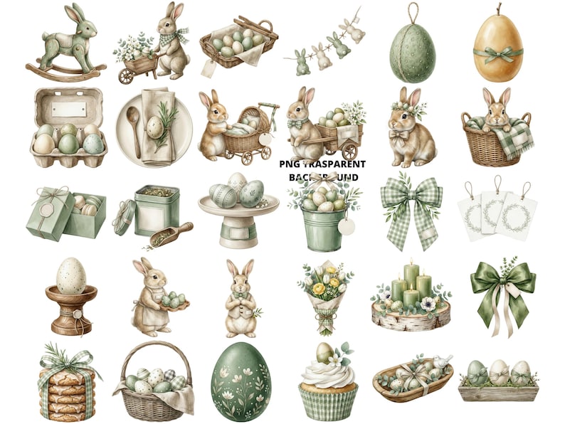 Rustic Easter Clipart Bundle, Sage Green Watercolor Eggs Bunny Chick ...