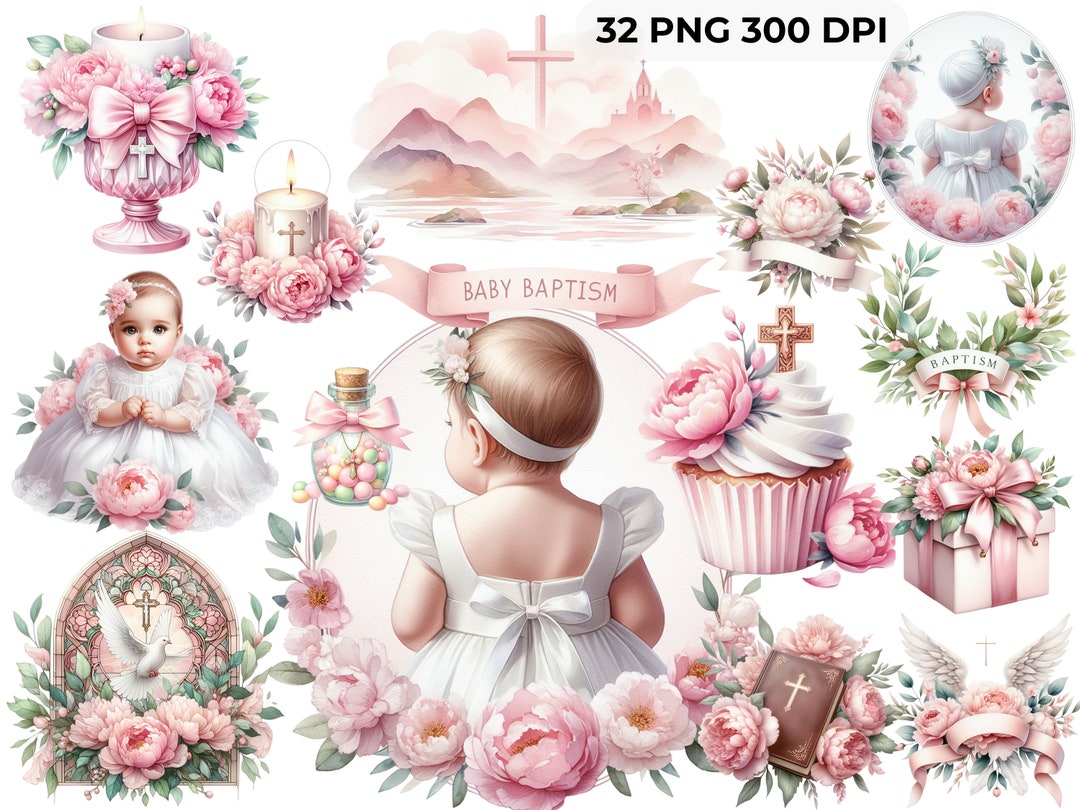 Baby Girl Baptism Watercolor PNG Set – Pink Christening Clipart for DIY ...