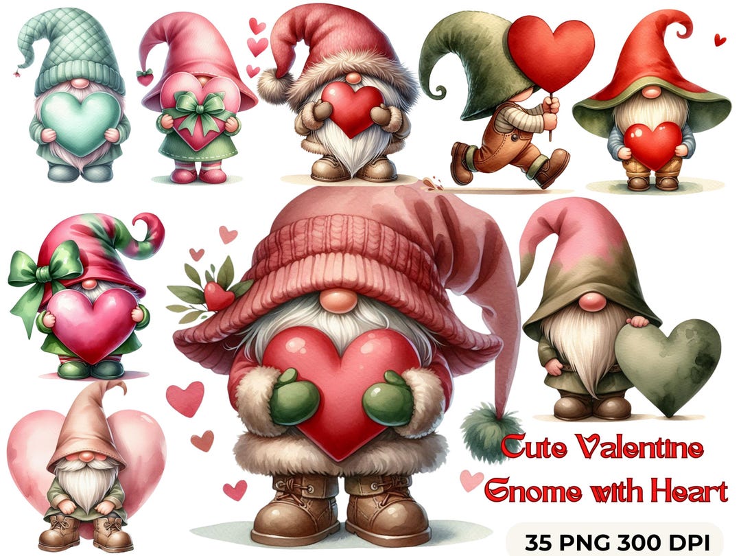 Watercolor Valentines Gnome Clipart 35 PNG Festive Gnomes and Hearts ...