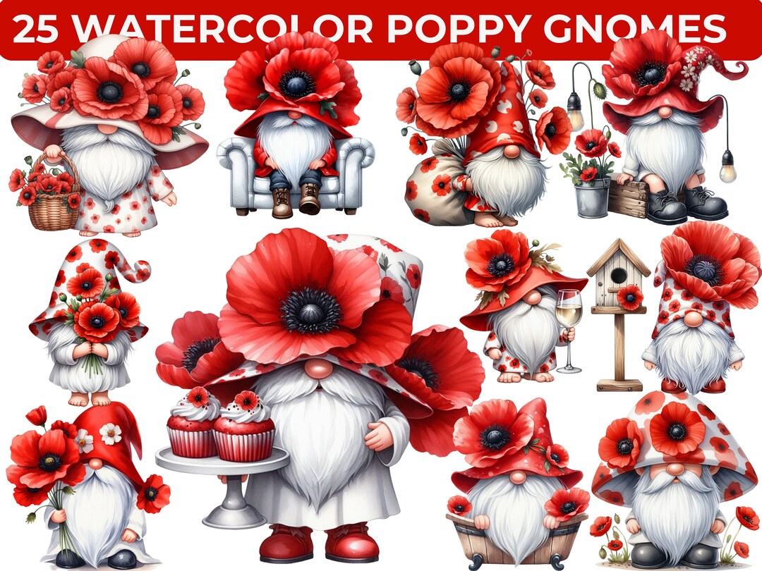 Watercolor Poppy Gnome Clipart Bundle | 25 Red Garden Gnome Pngs for ...
