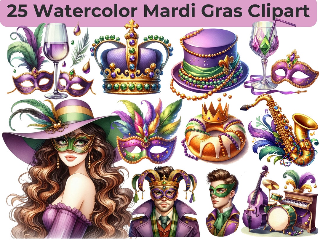 Watercolor Mardi Gras Clipart & King Cake PNG Vibrant Masquerade Art ...
