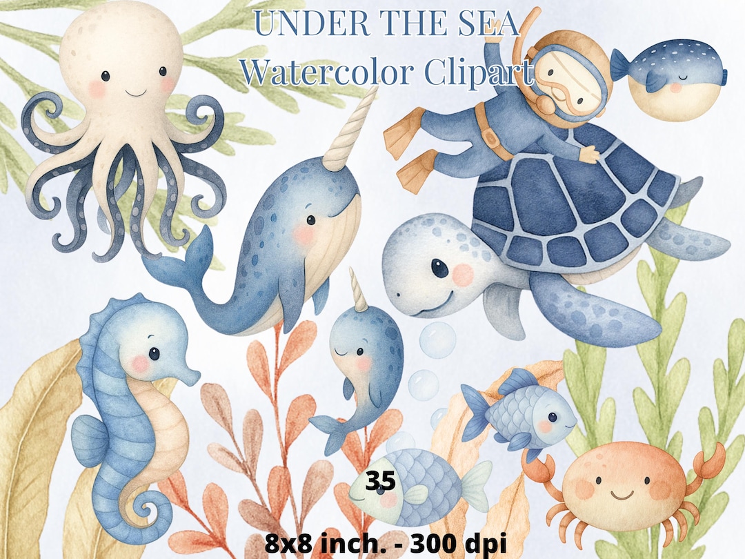 Watercolor Under the Sea Clipart. Baby Boy Nautical Clip Art Baby ...