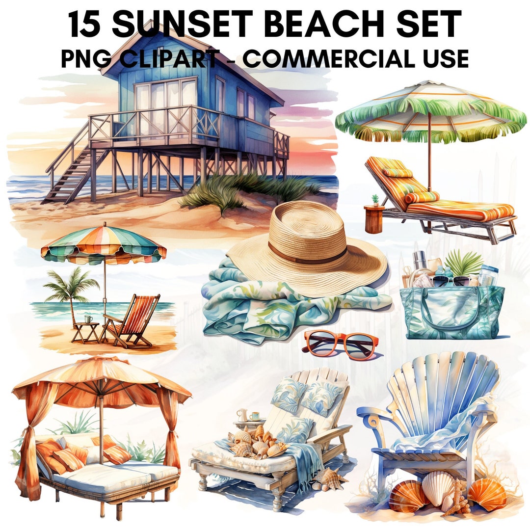 Sunset Beach Set Watercolor Clipart, Beach Clipart, Beach Bag, Beach ...