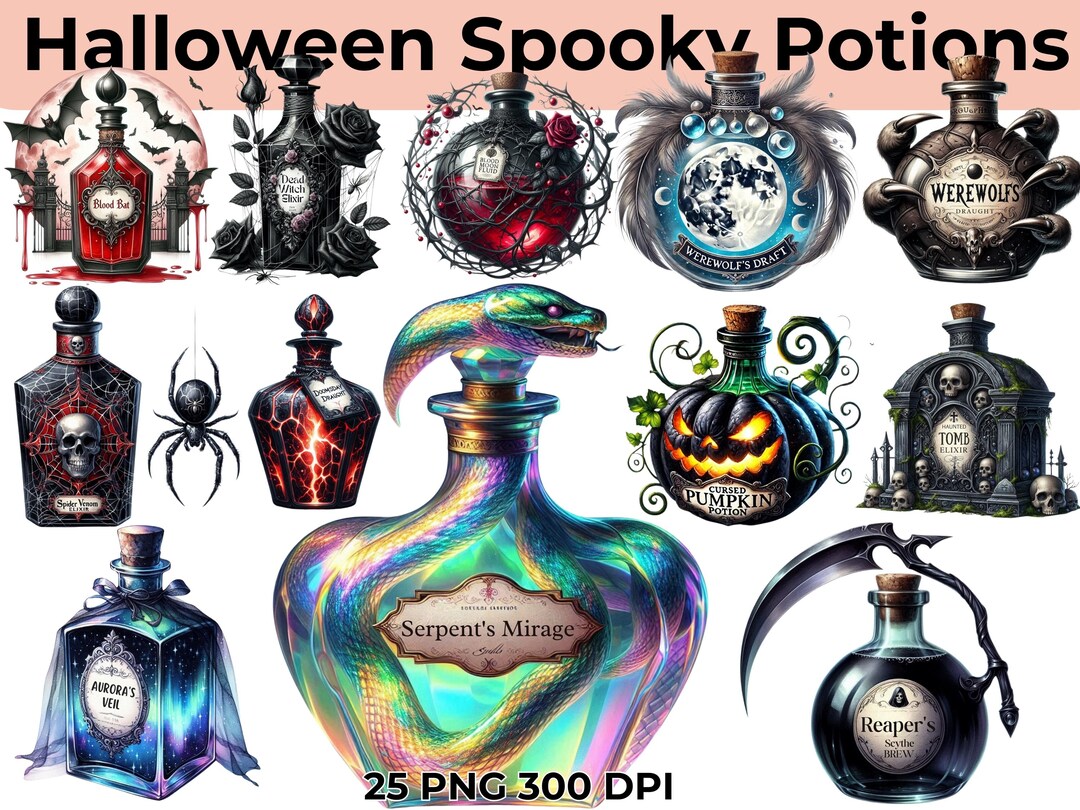 Watercolor Halloween Witch Potion Clipart Bundle – Spooky Potion Bottle ...