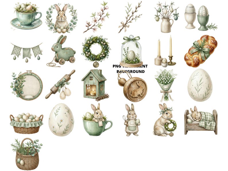 Rustic Easter Clipart Bundle, Sage Green Watercolor Eggs Bunny Chick ...