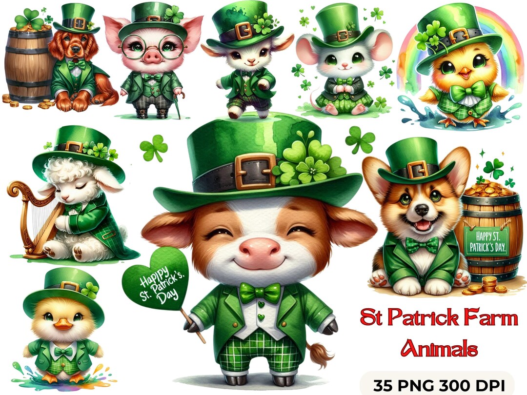 St. Patrick Cute Farm Animals | St. Patrick’s Day PNG | 35 Watercolor ...