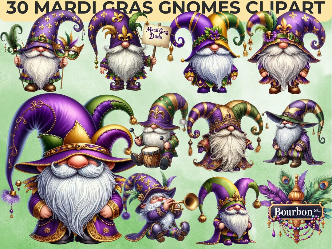 Mardi Gras Gnome Clipart Watercolor Jester Gnome PNG Illustration CU ...