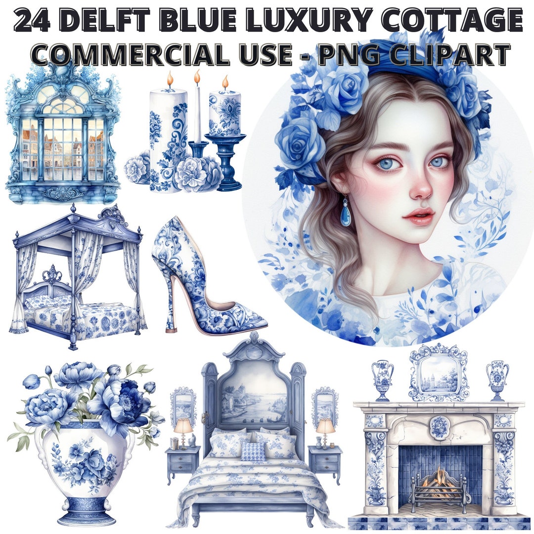 Victorian Watercolor Delft Blue Cottage Png Clipart, Printable Delft ...