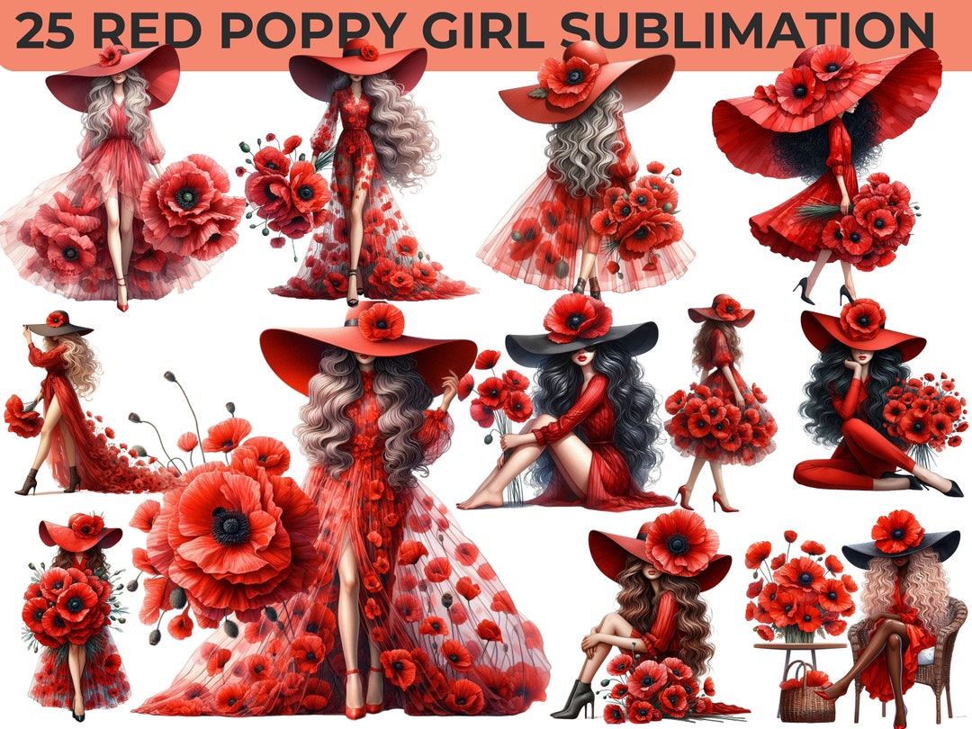 Watercolor Red Poppy Girl Clipart Collection - Lovely Red Poppy Lady ...